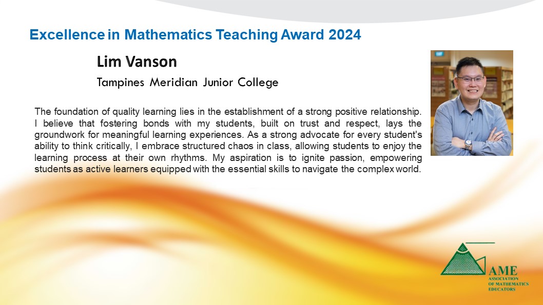 EMTA 2024 Recipient – Lim Vanson – Association of Mathematics Educators